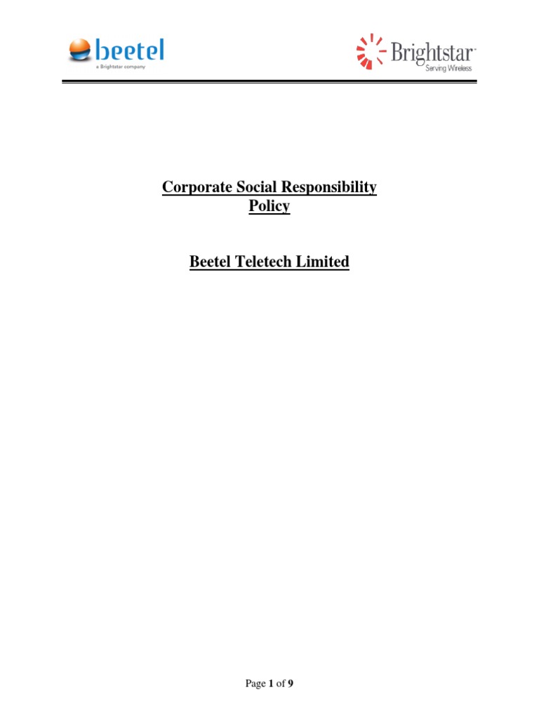 Corporate Social Responsibility Policy: Page 1 of 9 | PDF | Corporate ...