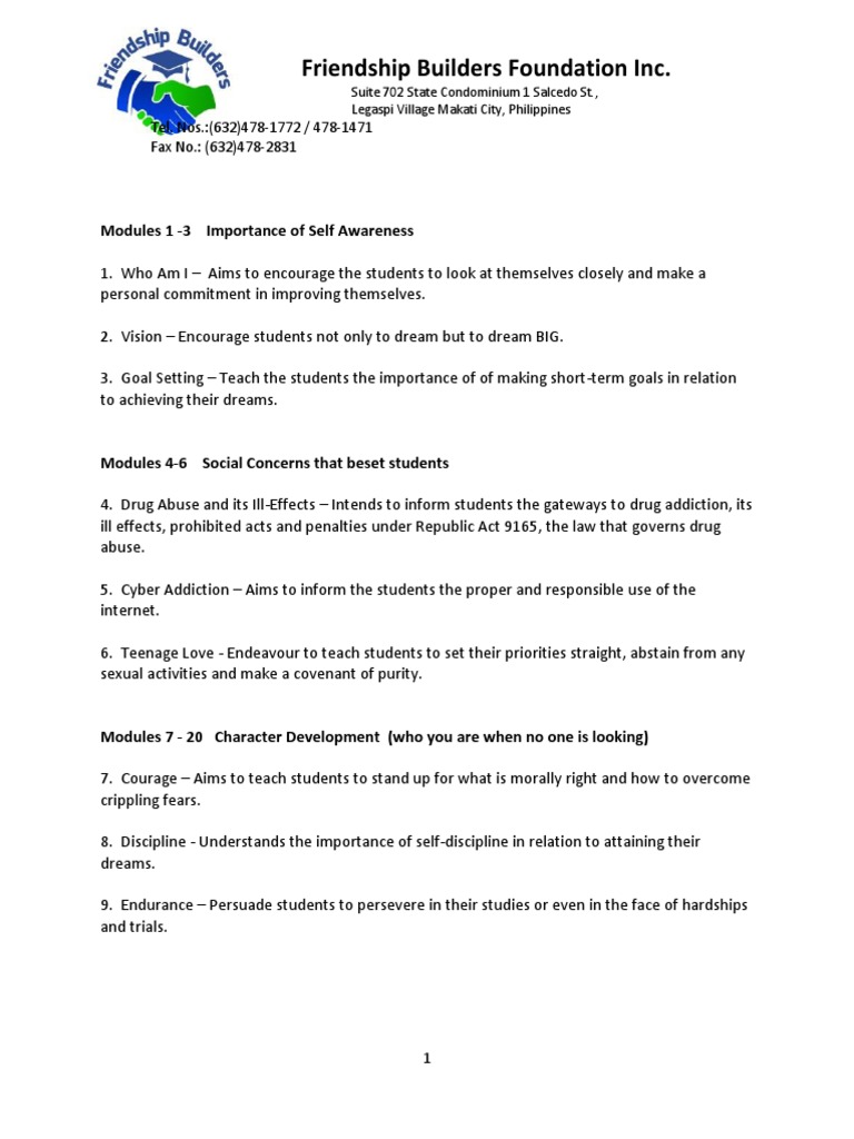 Friendship Builders Foundation Inc.: Modules 1 - 3 Importance of Self ...