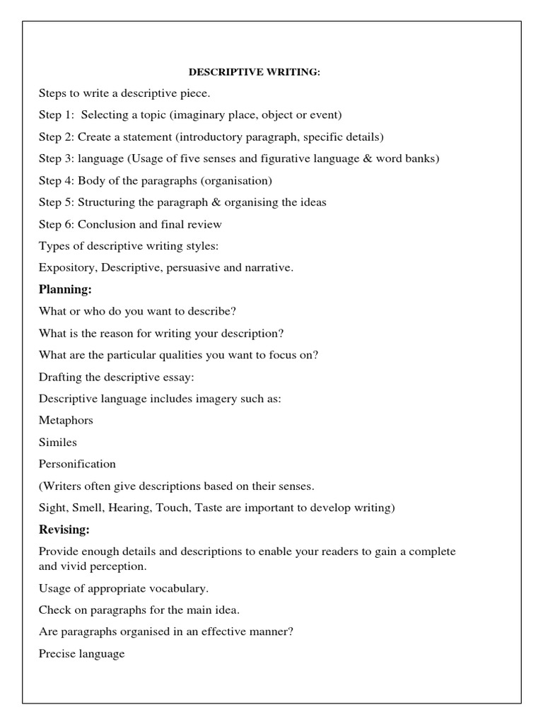 Planning:: Descriptive Writing | PDF
