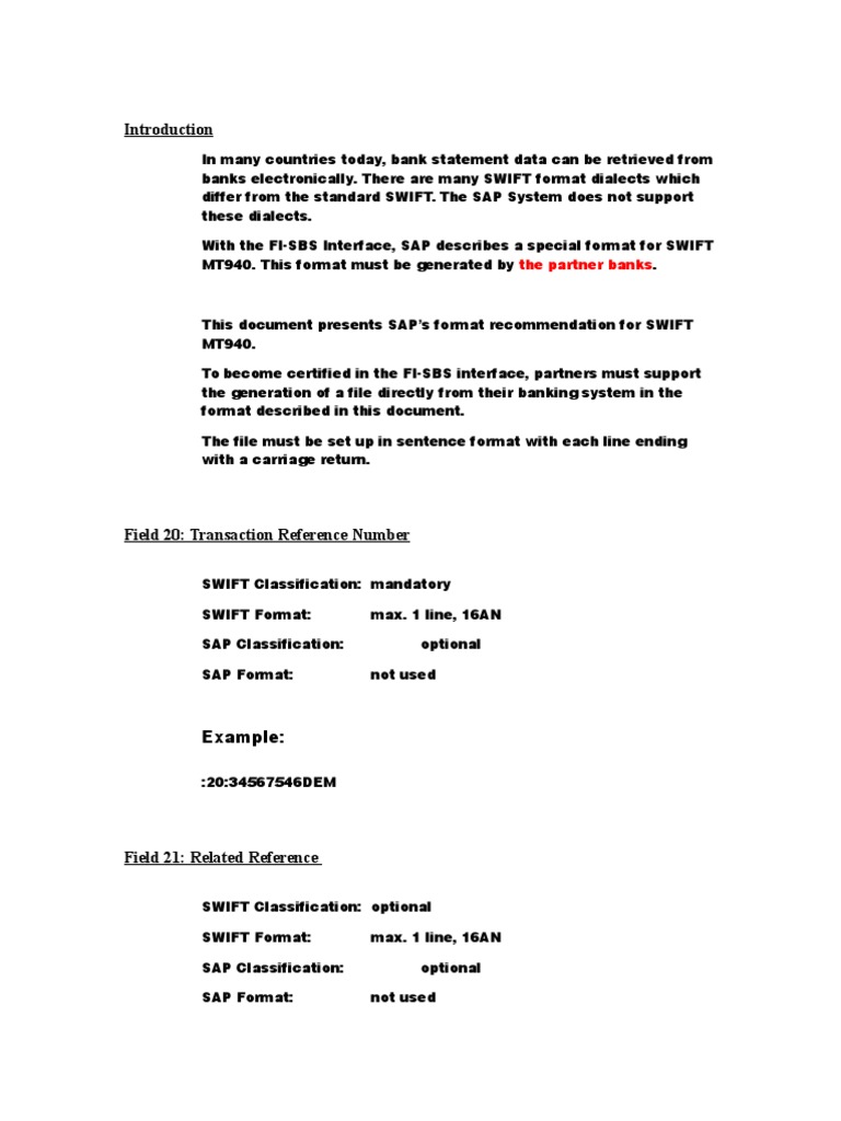 SWIFT MT940 Format Recommendations for SAP FI-SBS Interface | PDF ...