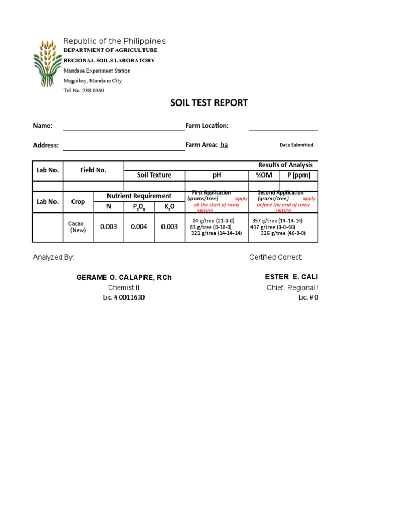 Soil Test Report: Republic of The Philippines | PDF | Fertilizer | Soil