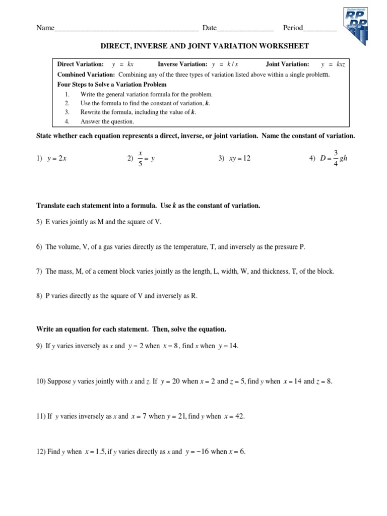 Direct, Inverse and Joint Variation Worksheet | PDF | Body Mass Index ...