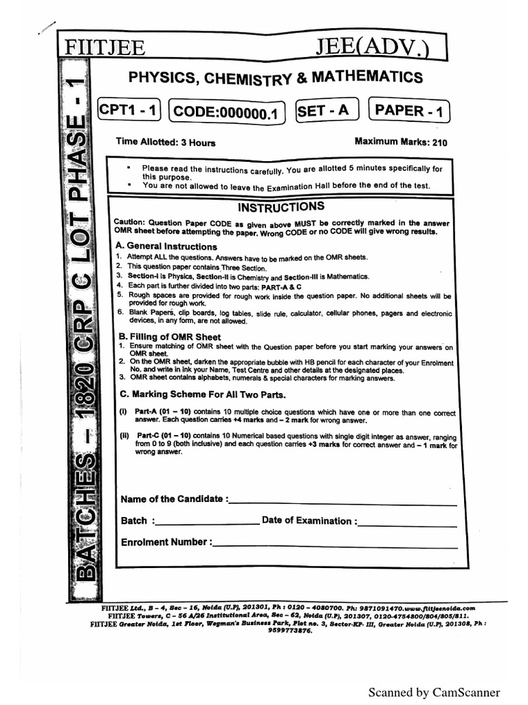 FIITJEE Phase Test 1 Retest Paper Class 11 Kolkata South Centre | PDF