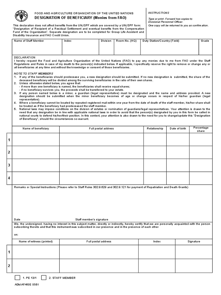 Designation of Beneficiary (Monies From Fao) : Note To Staff Members ...