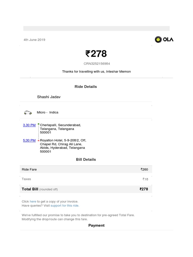 Ola Cab Ride Invoice: ₹278 Fare | PDF