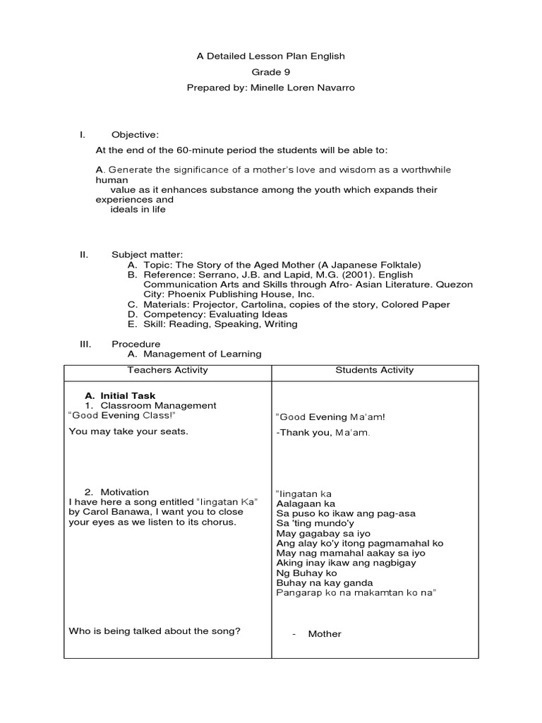 Lesson Plan: The Aged Mother Story | PDF