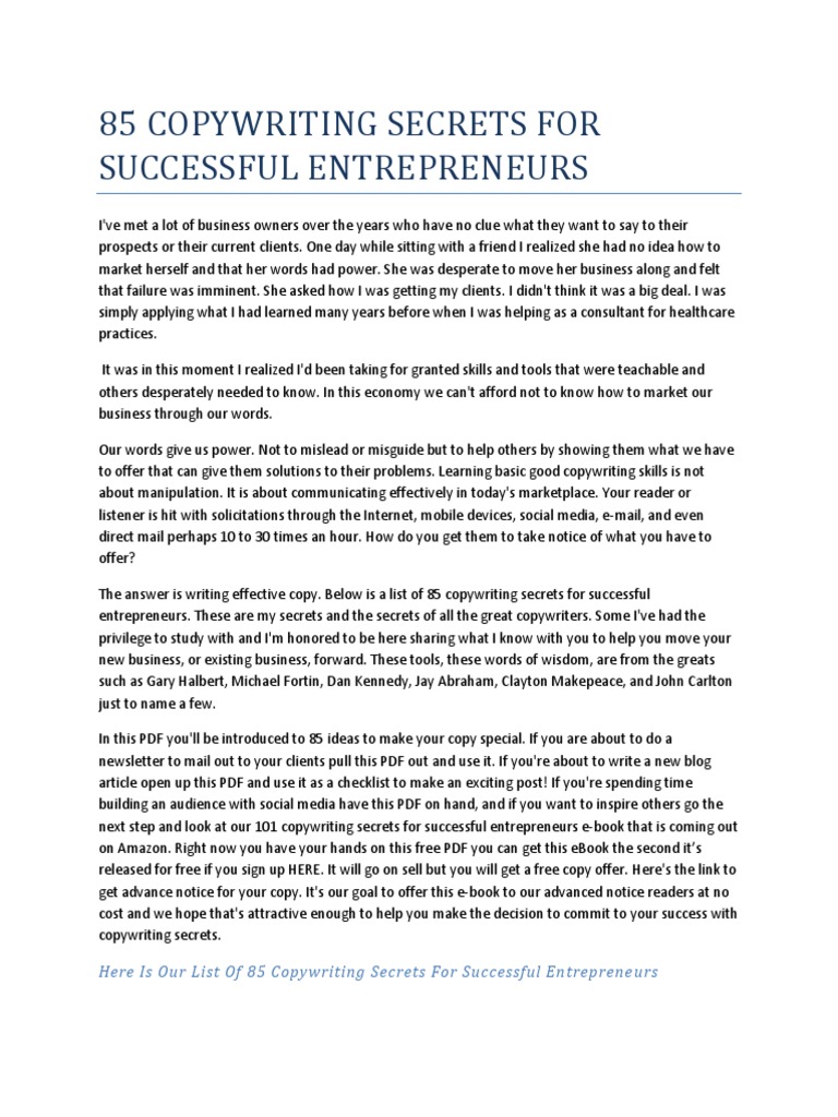85 Copywriting Secrets For Successful Entrepreneurs | PDF | Copywriting ...