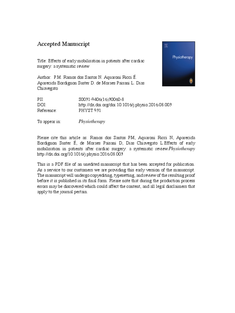 Effects of Early Mobilisation in Patients After Cardiac PDF | PDF ...