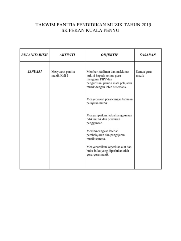 Takwim Panitia Pendidikan Muzik | PDF