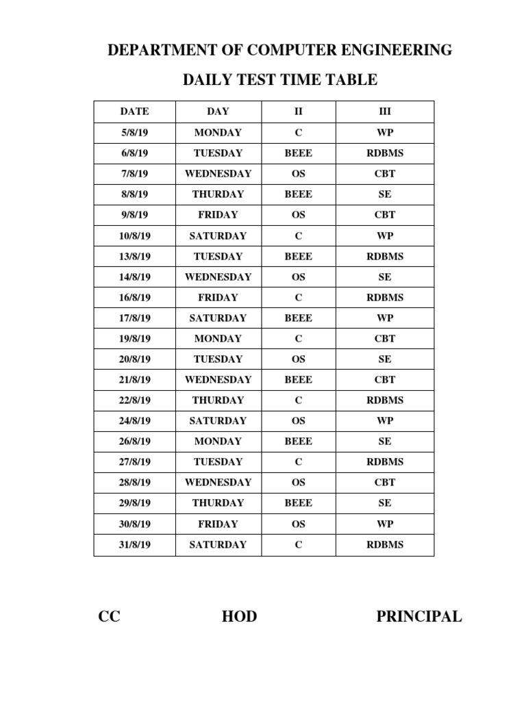 Time Table For Daily Test | PDF