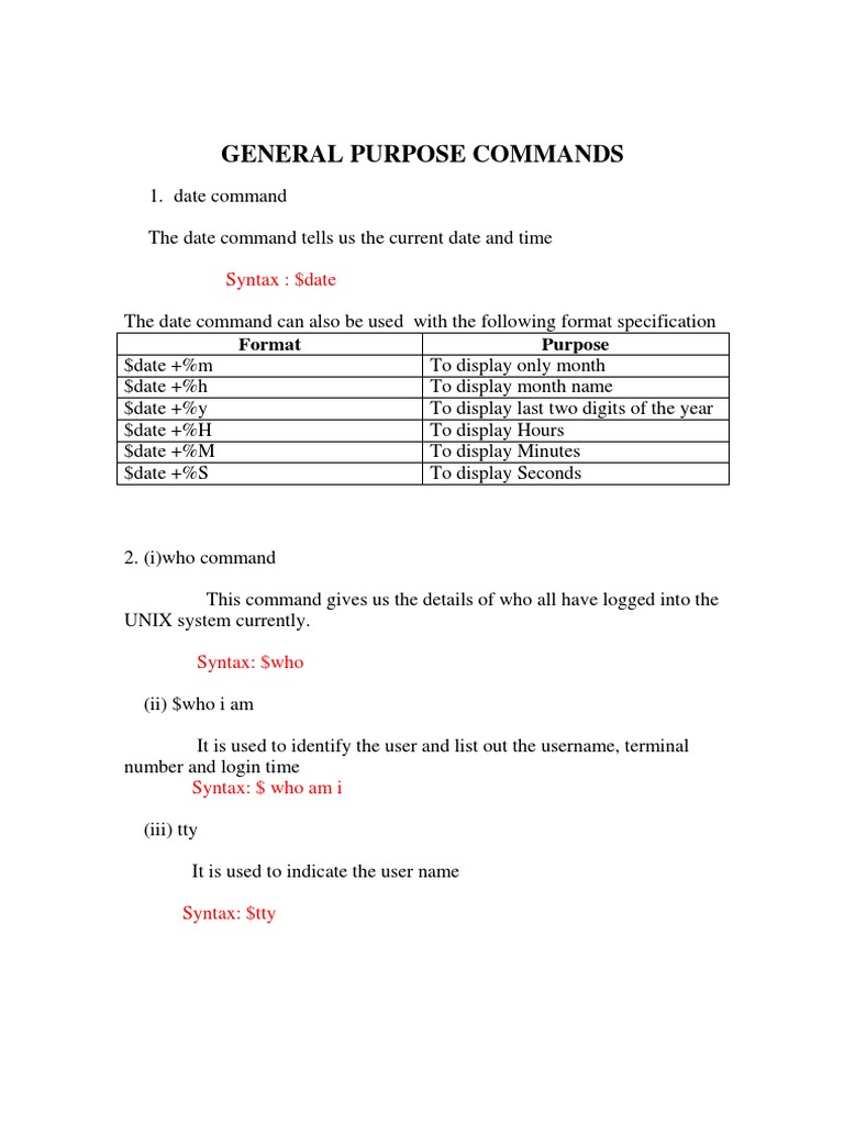 General Purpose Commands: Syntax: $date | PDF | Filename | Computer File
