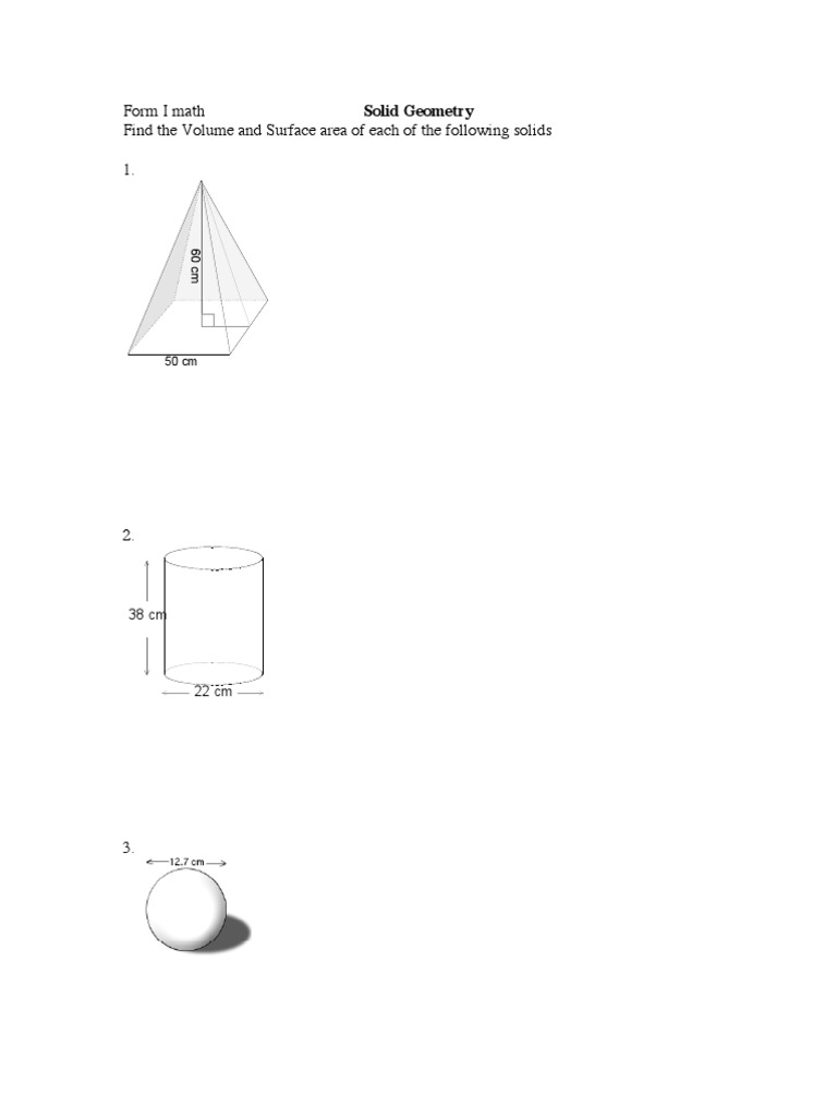 Form I Math - Find Volumes and Surface Areas of Solids | PDF | Geometry ...