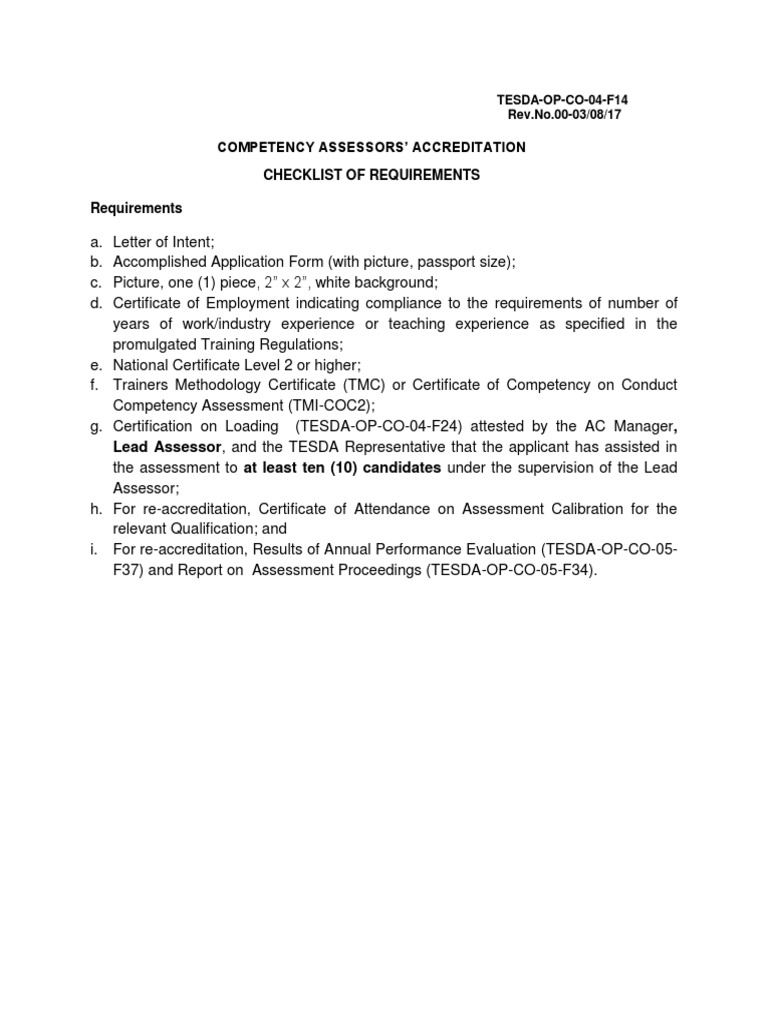 Competency Assessors Accreditation Checklist | PDF | Business | Computers