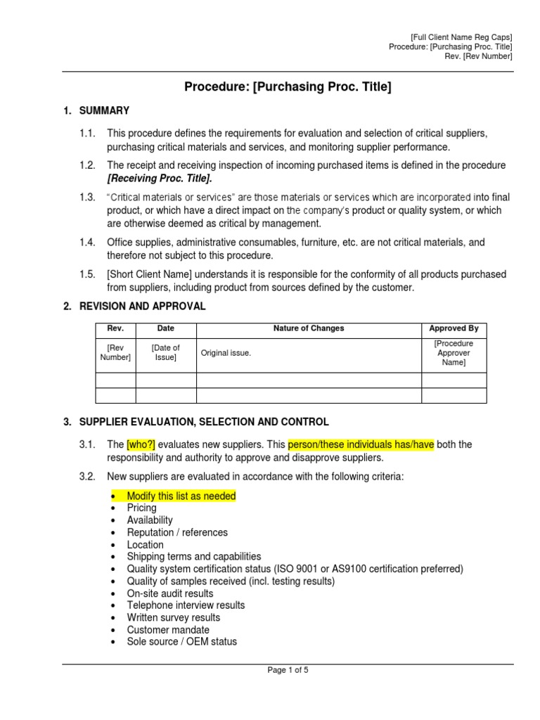 Procedure: [Purchasing Proc. Title]: 1. Summary | Verification And ...