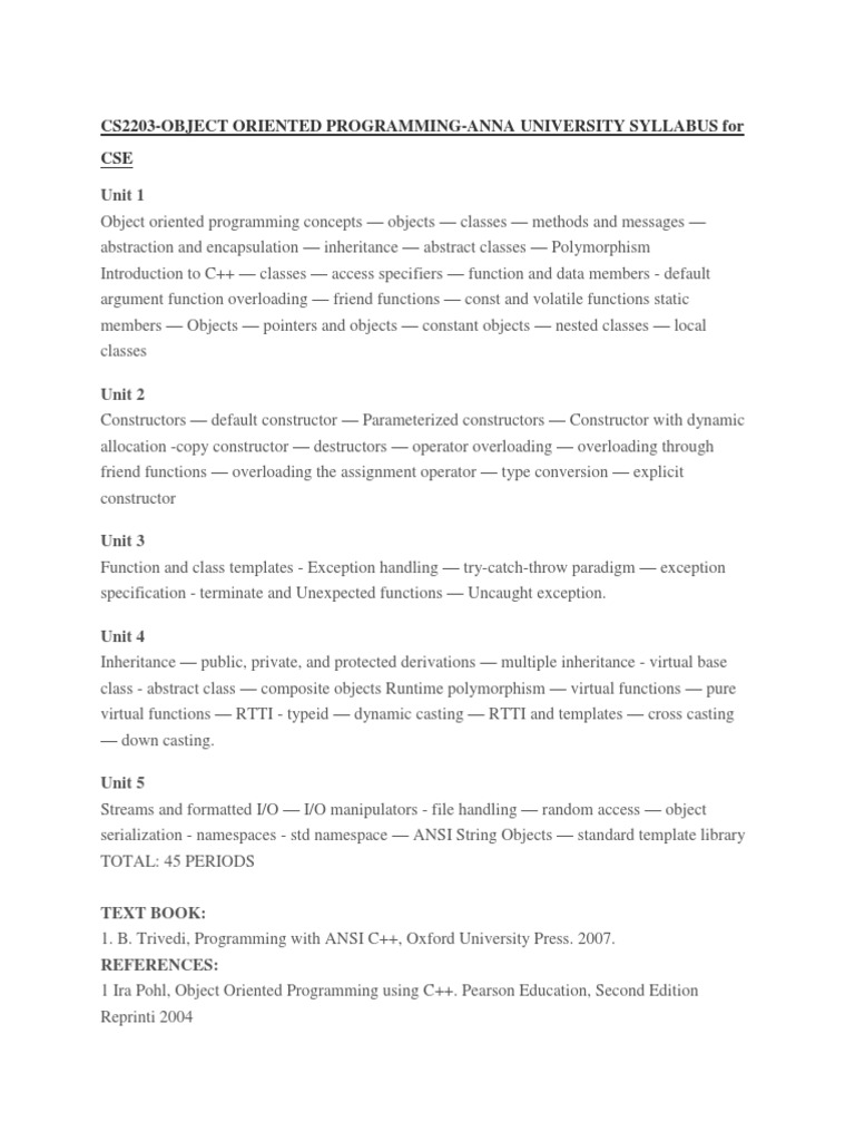 Unit 1: Cs2203-Object Oriented Programming-Anna University Syllabus For ...