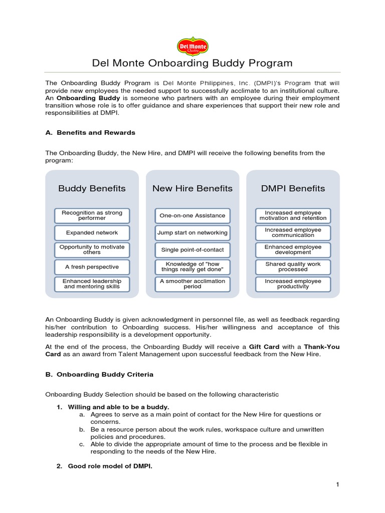 Del Monte Onboarding Buddy Program: Buddy Benefits New Hire Benefits ...