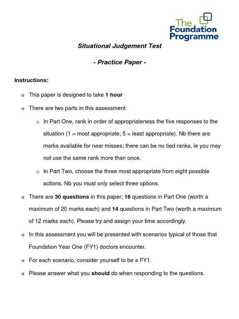 Fy1 SJT Practice Paper Answer and Rationales Large Print | PDF ...