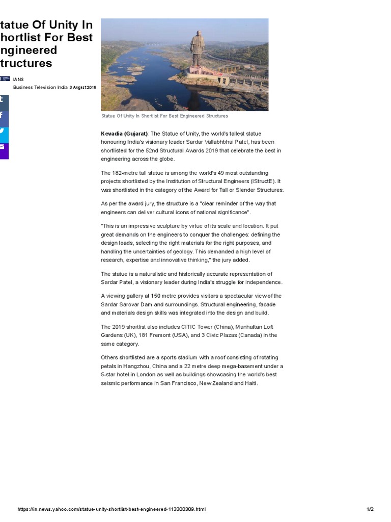 Statue of Unity in Shortlist For Best Engineered Structures PDF ...