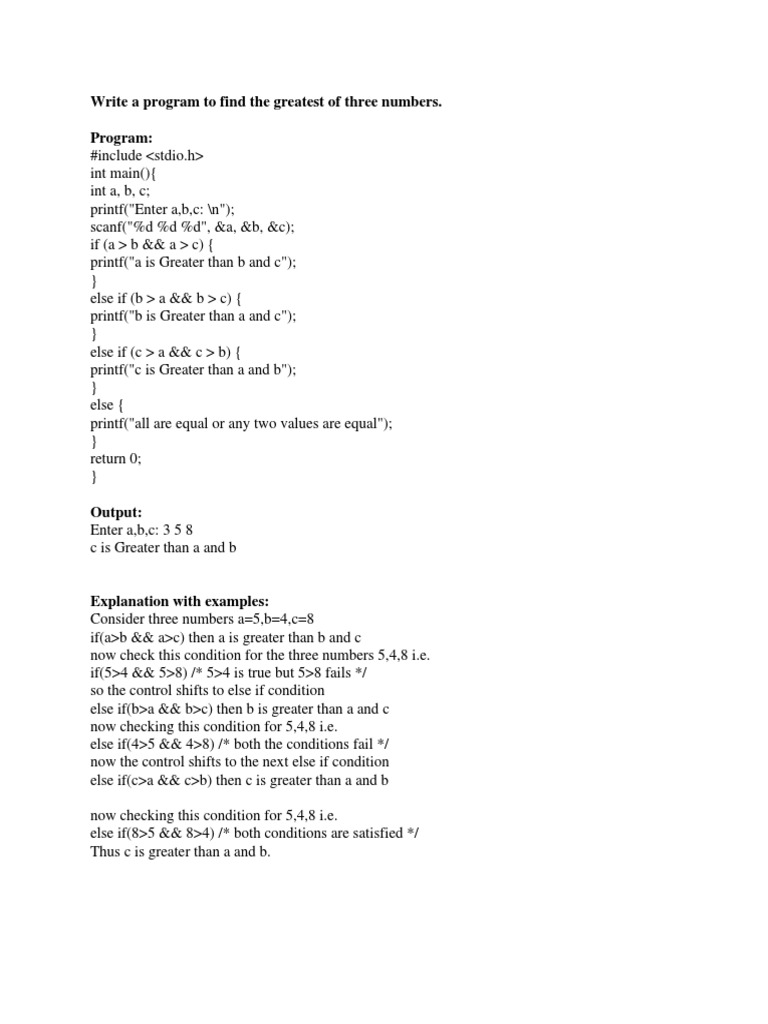 Greatest of Three Numbers Using C Program | PDF