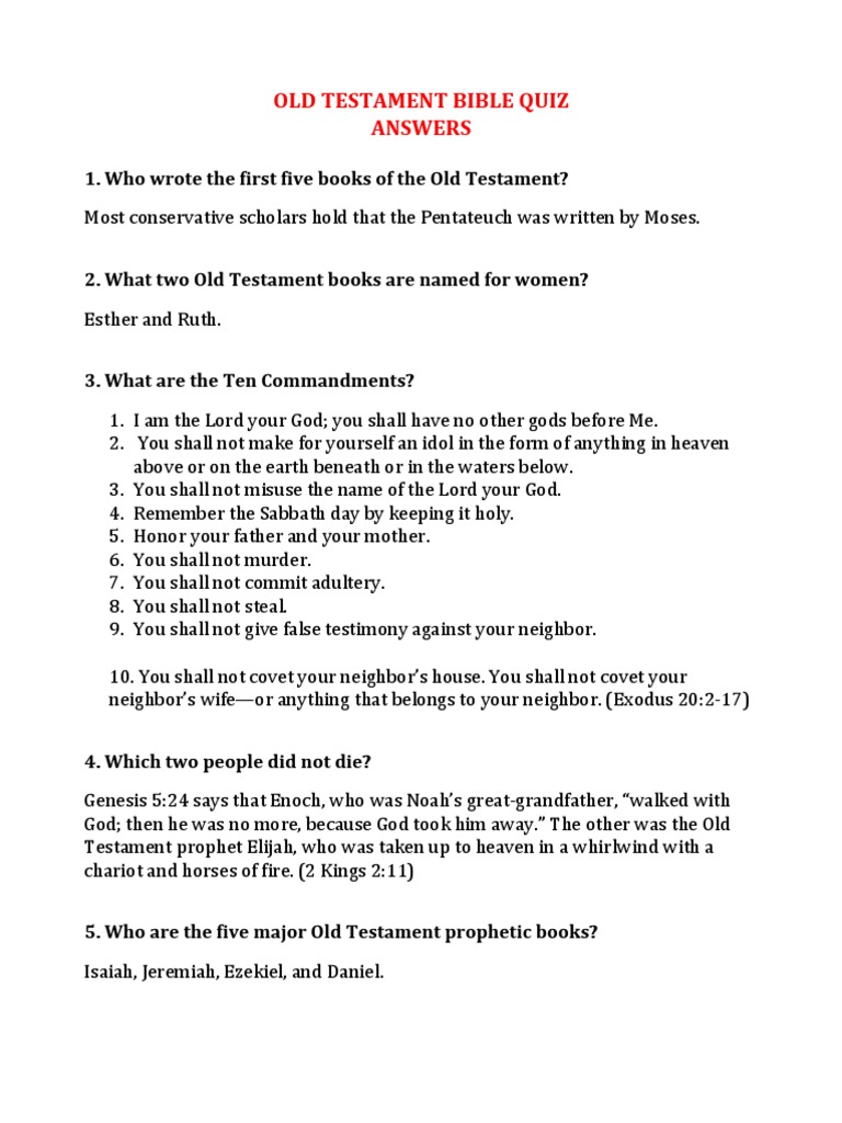 Old Testament Bible Quiz Answers | PDF | Noah | Ten Commandments