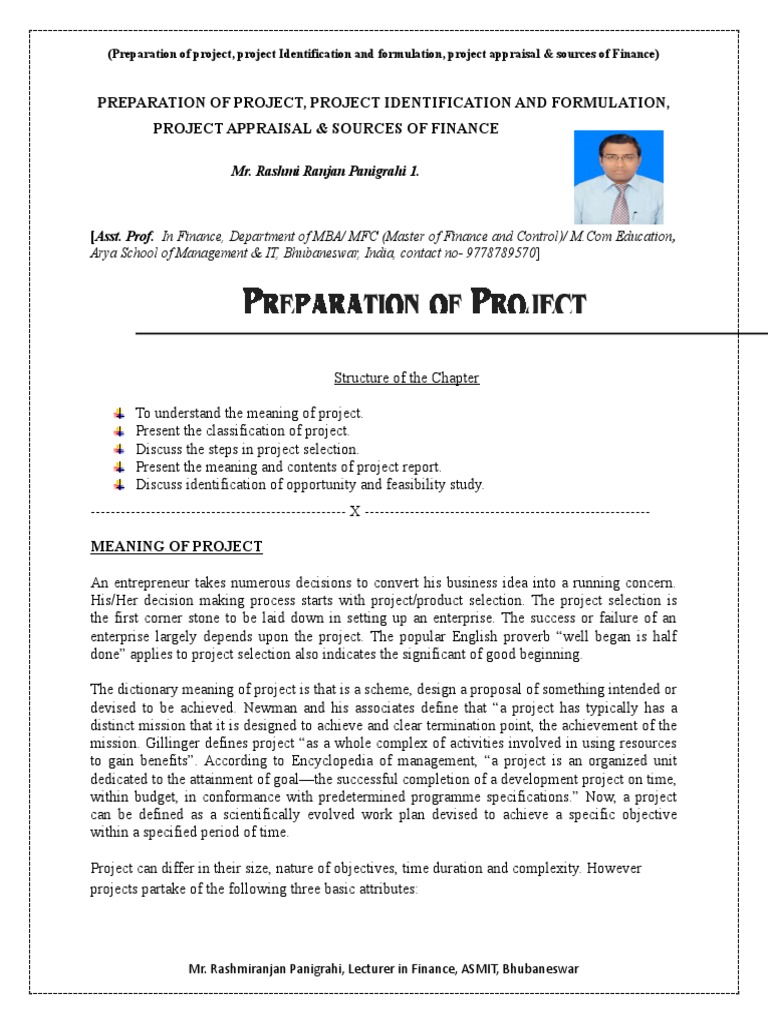 Preparation of Project, Project Identification and Formulation, Project ...