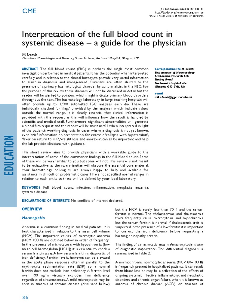 Interpretation of The Full Blood Count in Systemic Disease - A Guide ...