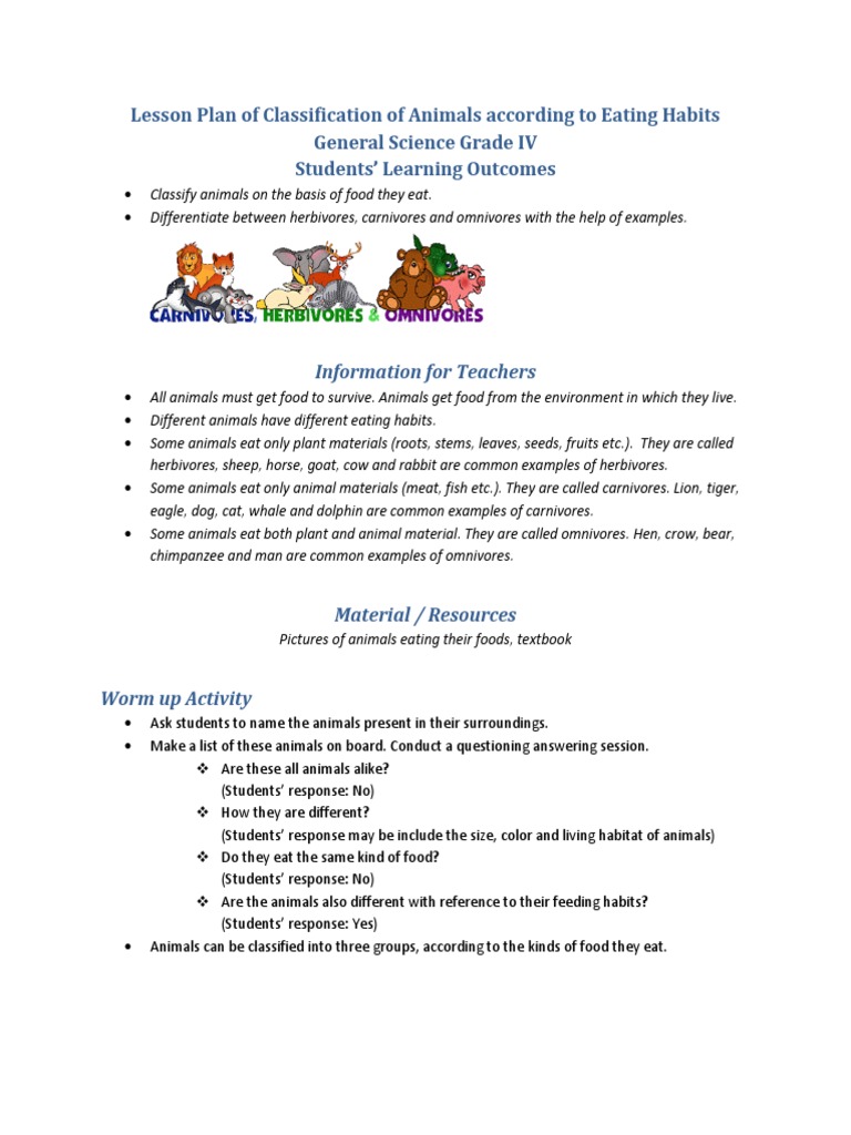 Lesson Plan of Classification of Animals According To Eating Habits ...