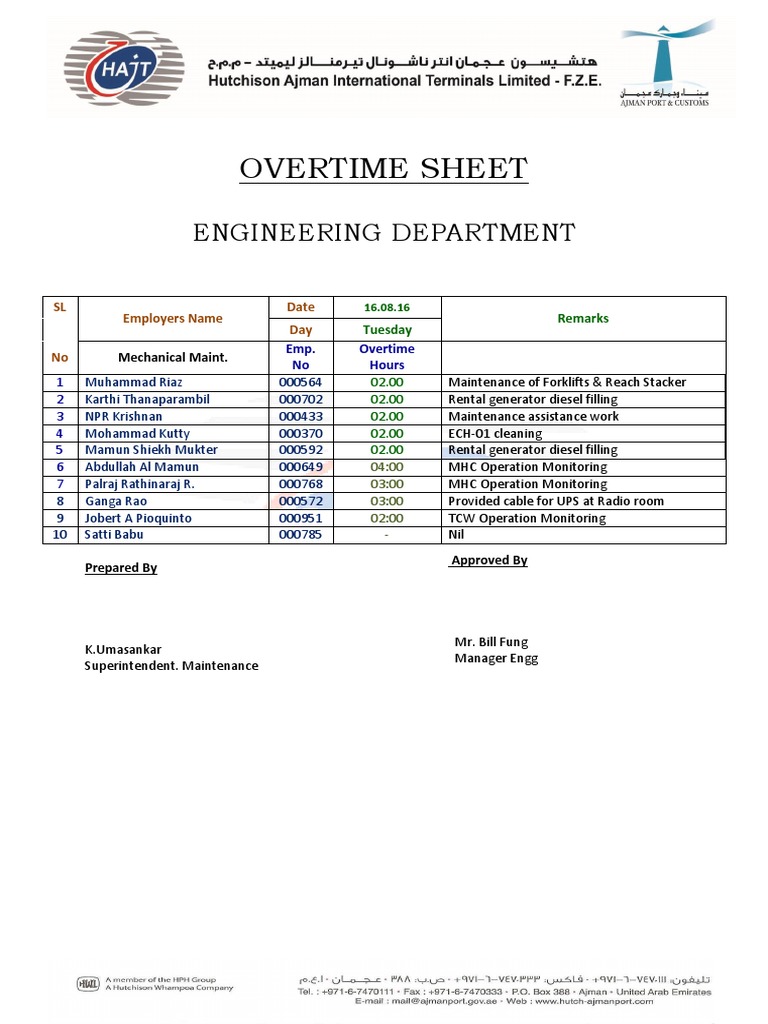 Overtime Sheet: Engineering Department | PDF | Transportation ...