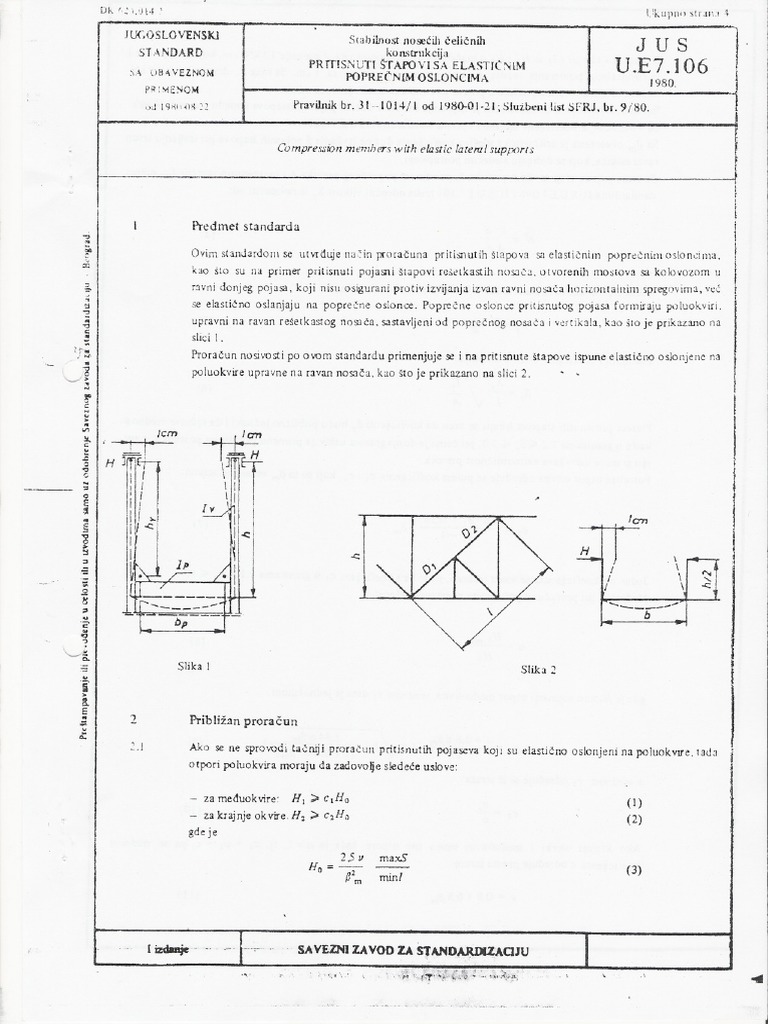 JUS-U-E7-106 Stabilnost Nosecih Konstrukcija, Pritisnuti Stapovi Sa Elasticnim Poprecnim ...