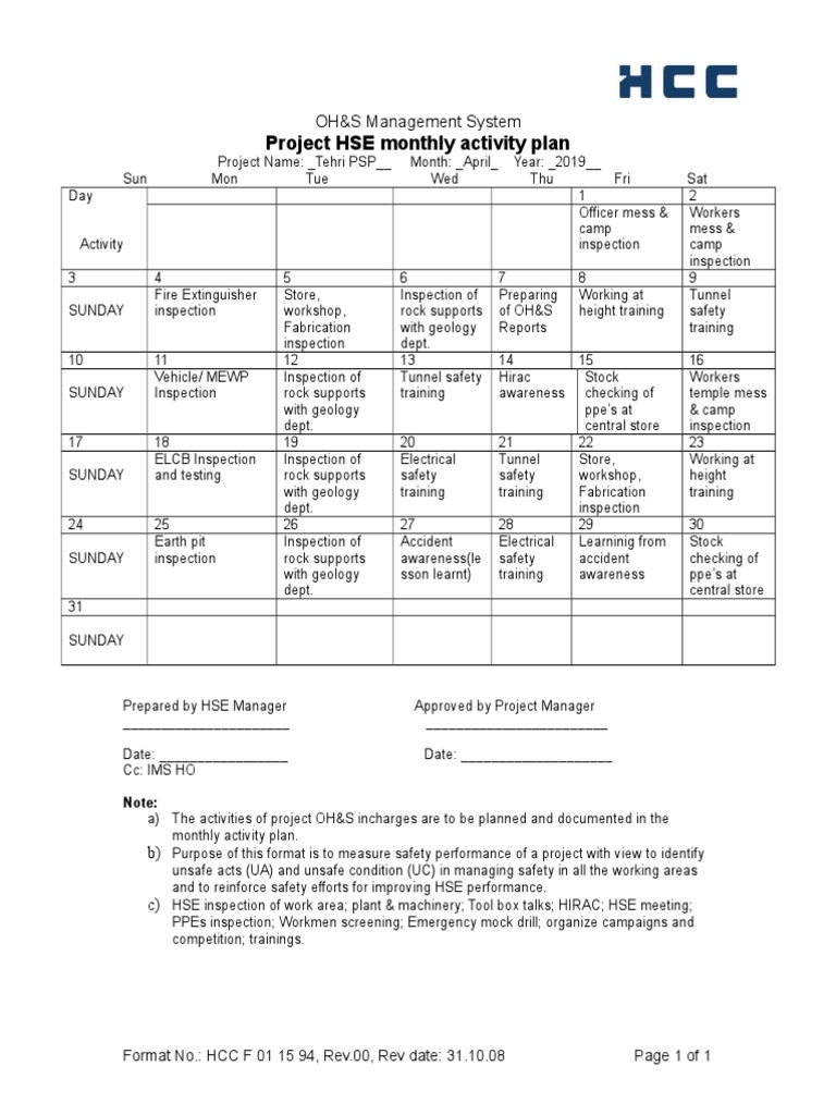 Project HSE Monthly Activity Plan: OH&S Management System | Download ...