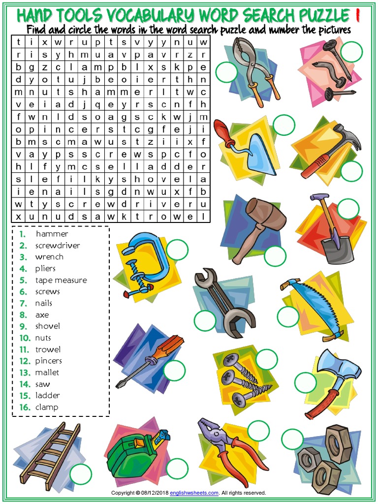 Hand Tools Vocabulary Esl Word Search Puzzle Worksheets For Kids PDF ...