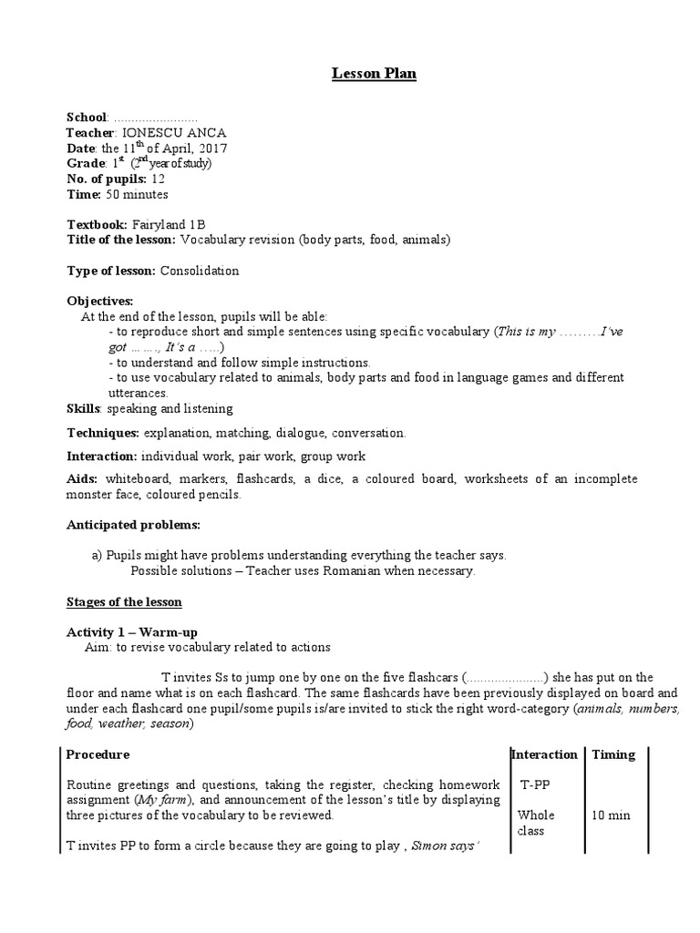 0 1st Grade Lesson Plan | PDF | Lesson Plan | Homework