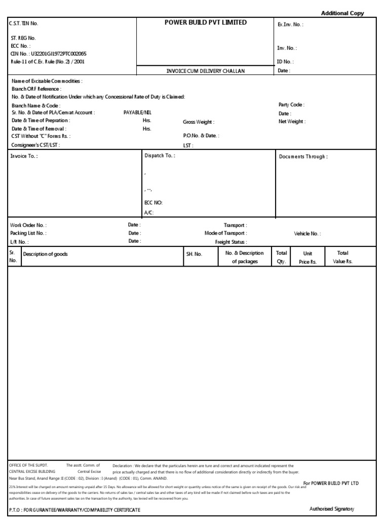 Power Build PVT Limited: Invoice Cum Delivery Challan | PDF | Receipt ...