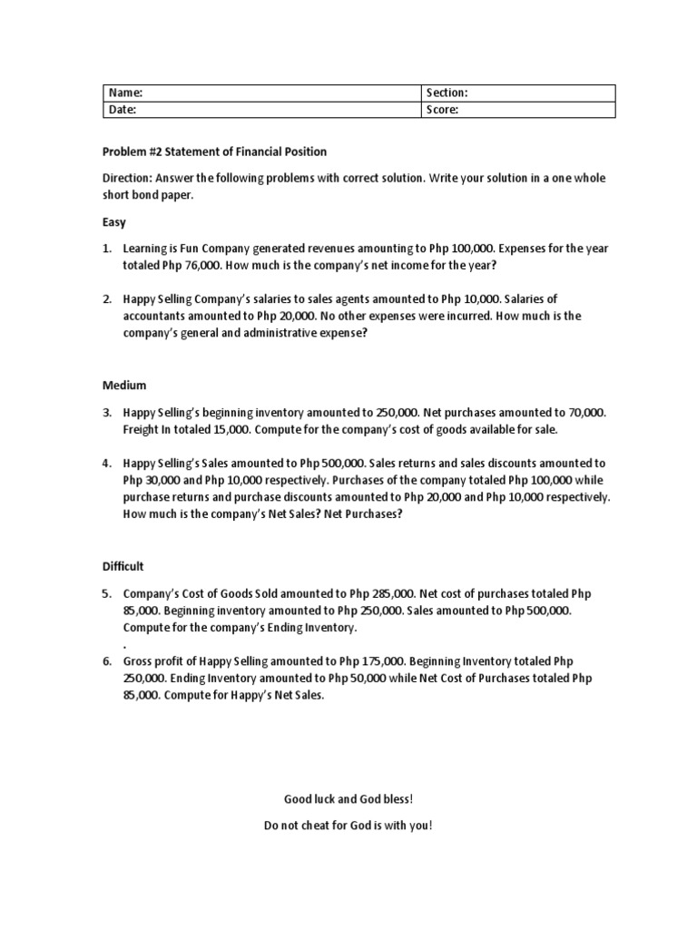 Problem #2 Statement of Financial Position | PDF