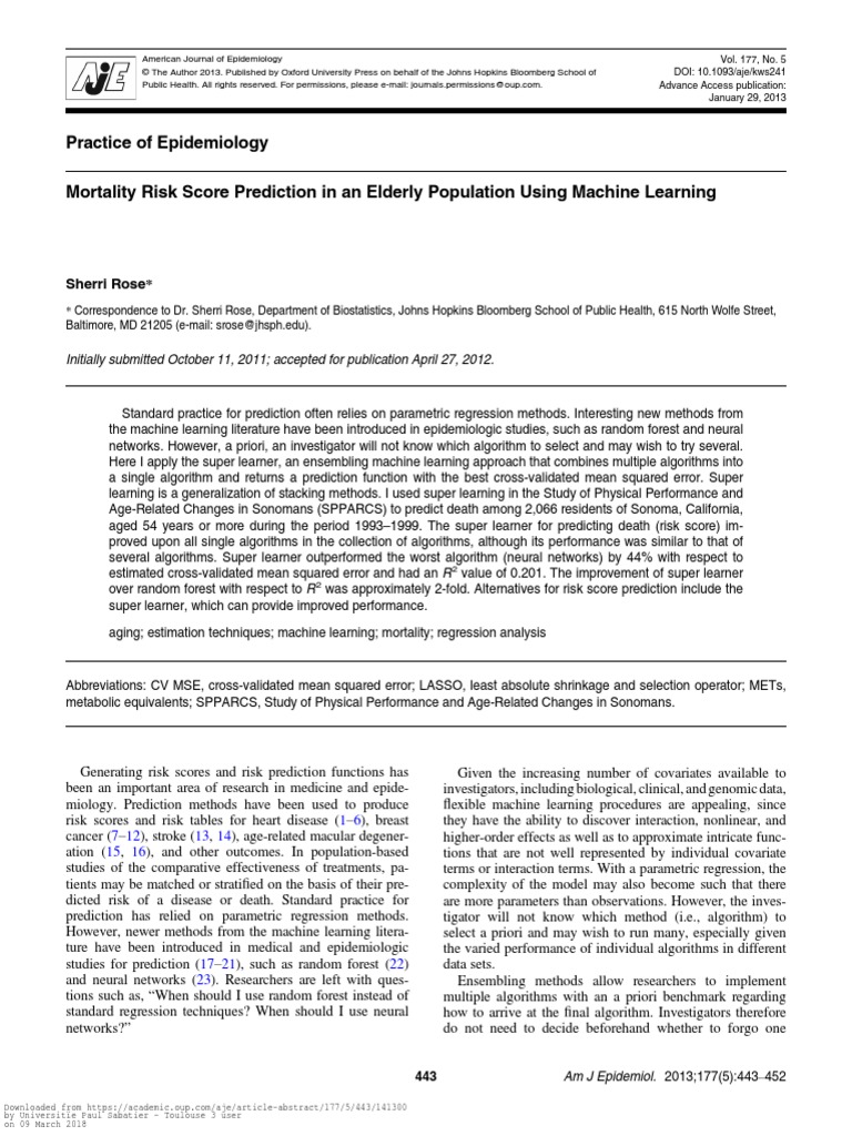 Mortality Risk Score Prediction in An Elderly Population Using Machine ...