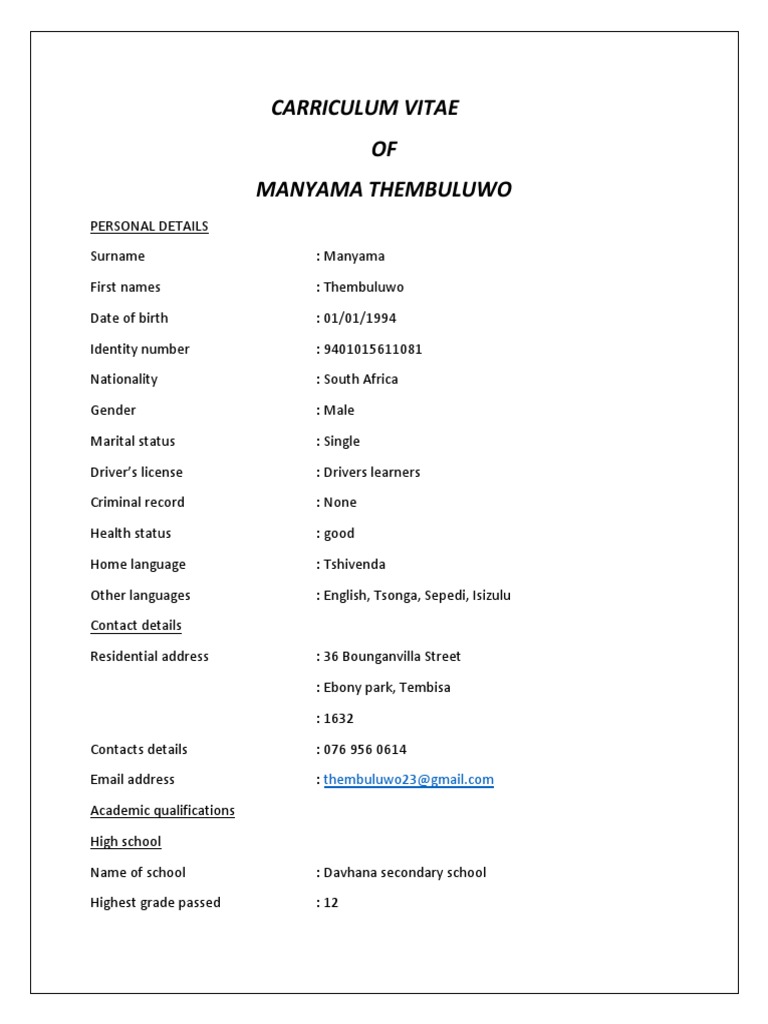 Carriculum Vitae OF Manyama Thembuluwo | PDF