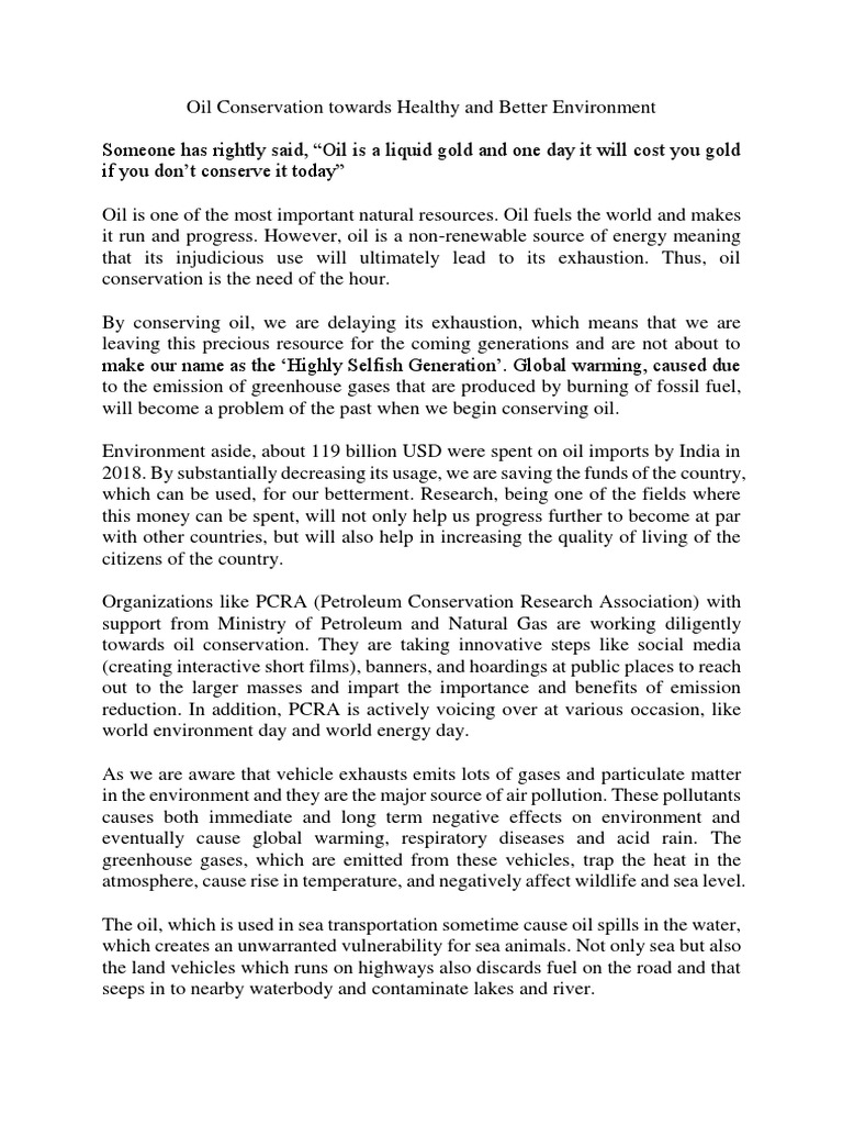 Oil Conservation Towards Healthy and Better Environment | PDF | Energy ...