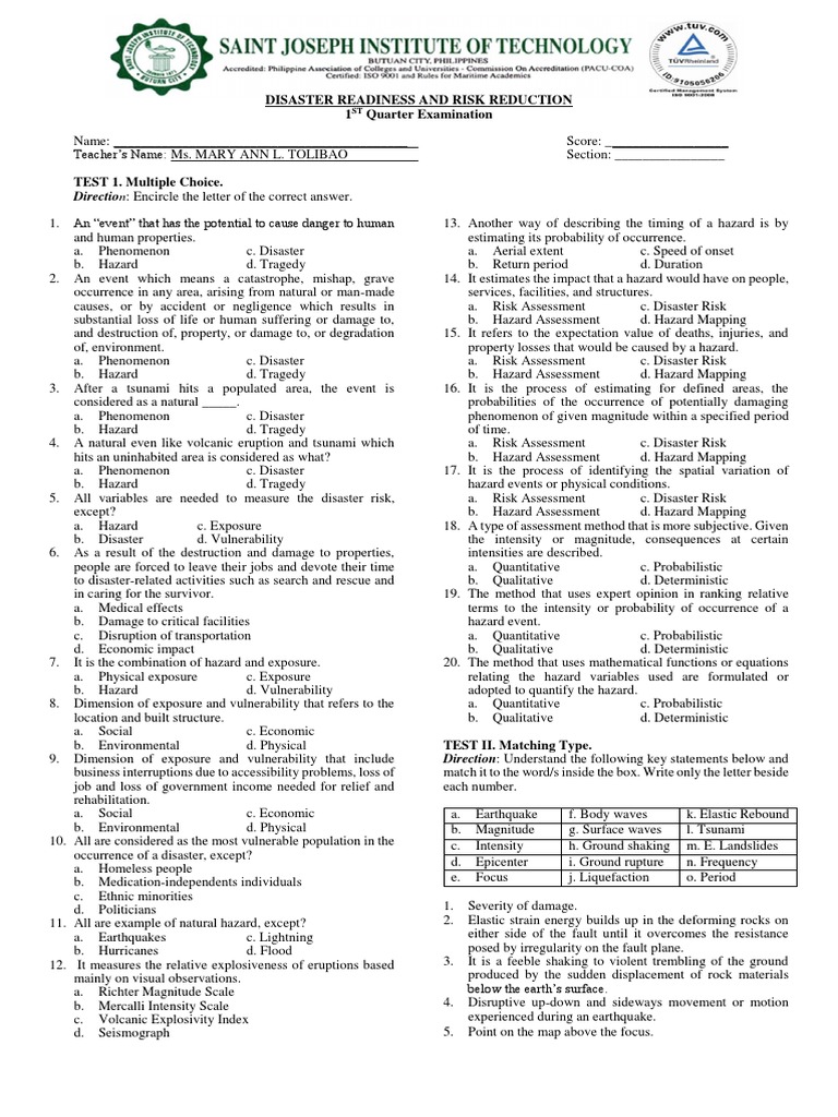 Disaster Readiness Exam Guide | PDF | Hazards | Earthquakes
