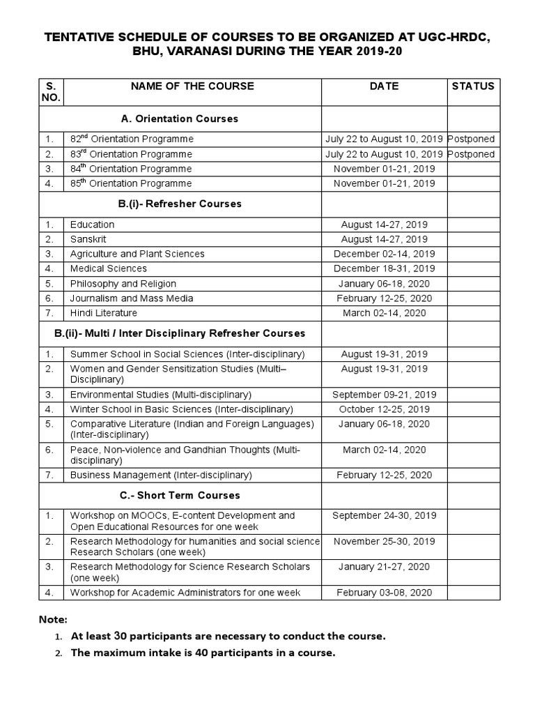 Tentative Schedule of Courses To Be Organized at Ugc-Hrdc, Bhu, Varanasi During The Year 2019-20 ...