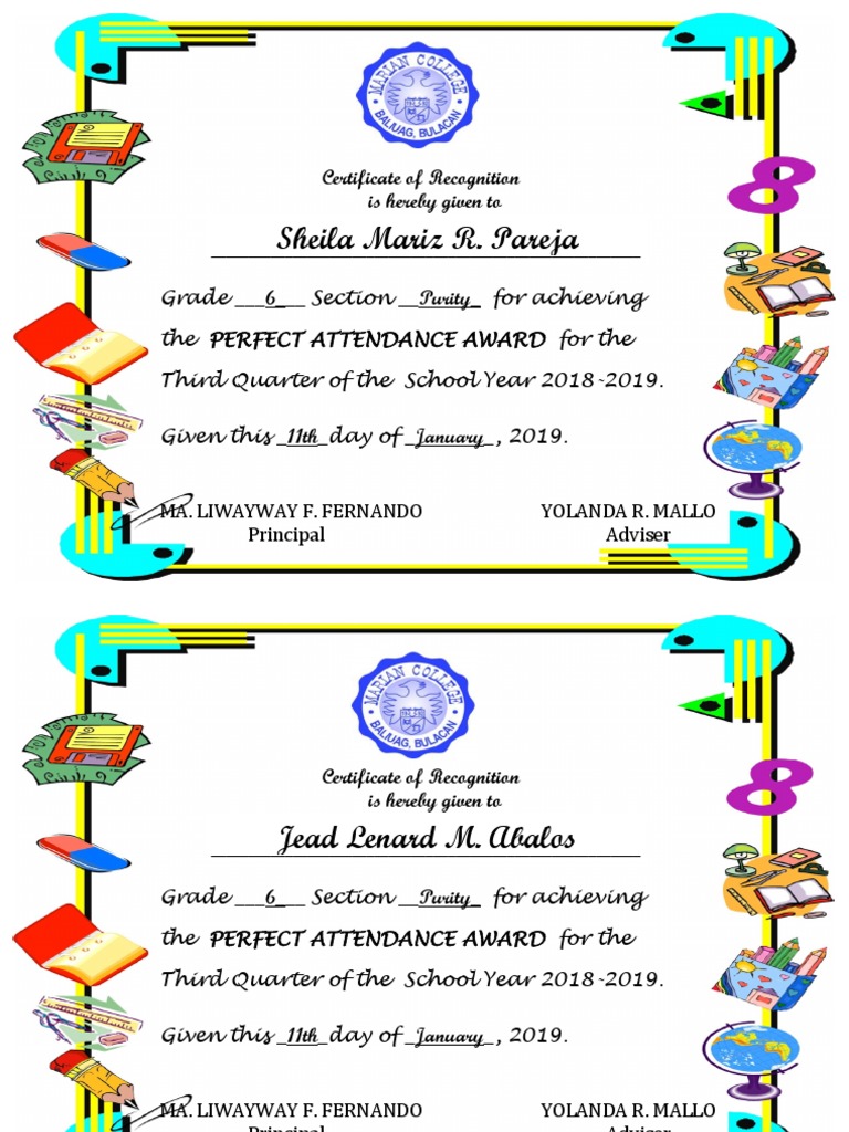 Grade 6 Perfect Attendance Awards | PDF