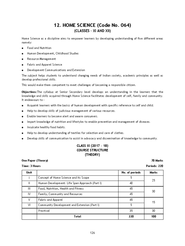 HOME SCIENCE (Code No. 064) : (Classes - Xi and Xii) | PDF | Foods ...