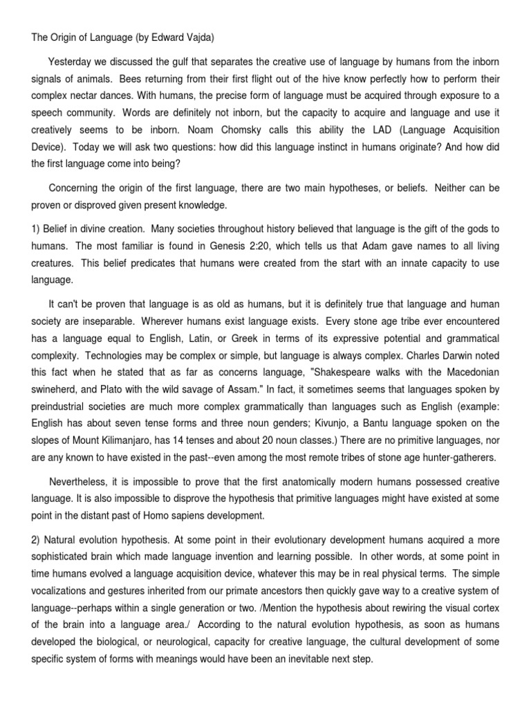 The Origins of Language: Examining Hypotheses on the Evolution and ...