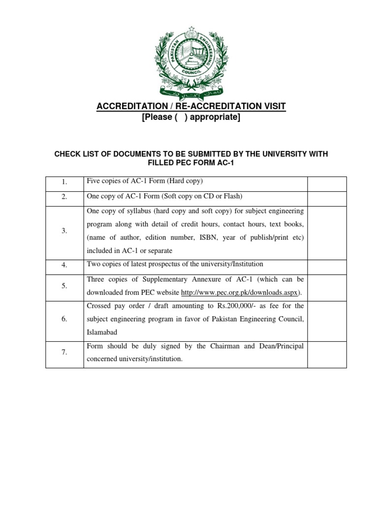 Questionnaire For Accreditation Re-Accreditation (PEC AC-1 Form) | PDF ...