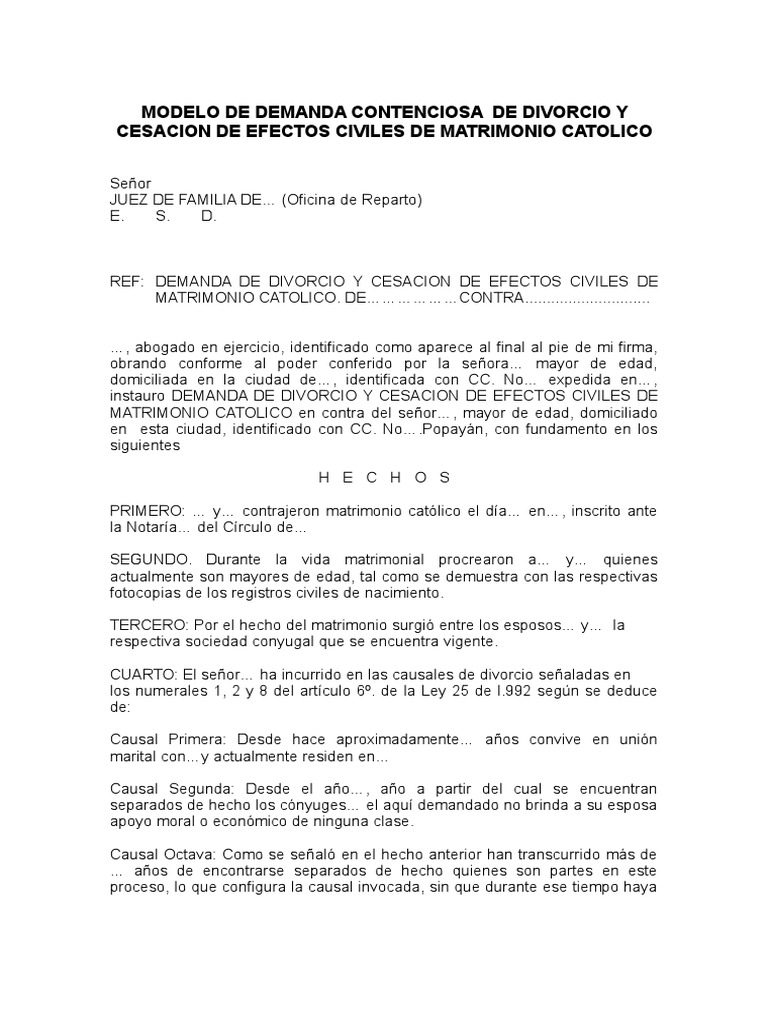 Modelo De Demanda De Divorcio Contencioso