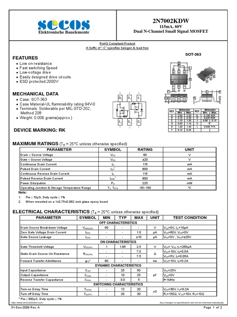 2N7002KDW | PDF | Mosfet | Electrical Equipment