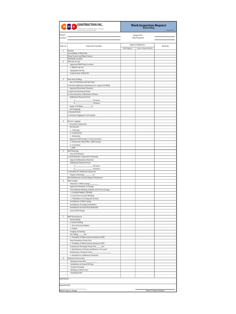 Construction Inc.: Work Inspection Request | PDF | Casing (Borehole ...