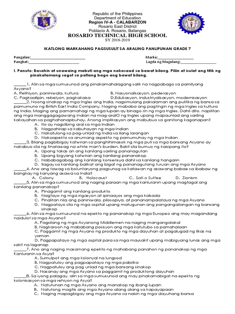 Grade 7 Third Periodic Examination in AP 2018 2019 | PDF