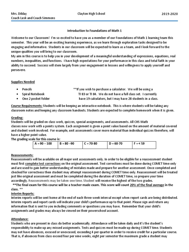 Intro Math Syllabus 2019-2020 | PDF | Homework | Classroom