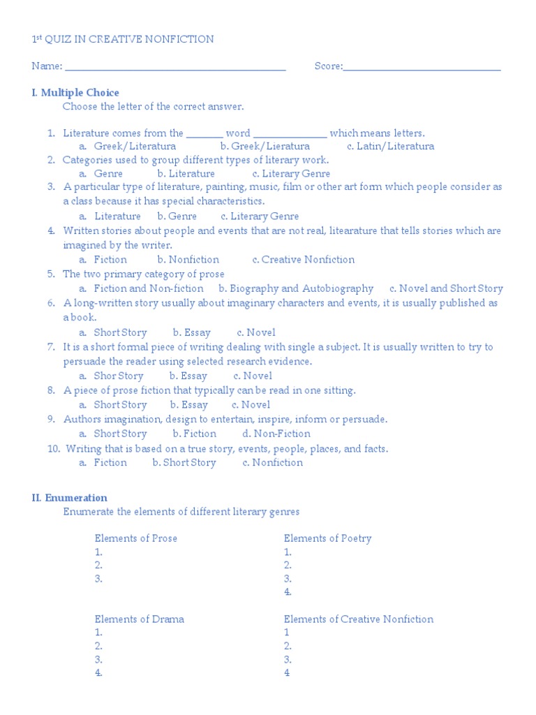 Creative Nonfiction Quiz and Key | PDF | Creative Nonfiction | Non Fiction