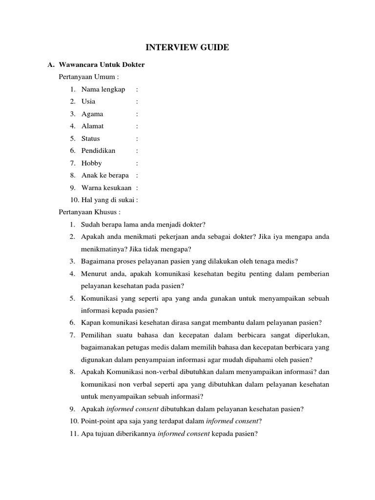 Interview Guide: A. Wawancara Untuk Dokter | PDF | Pengembangan Diri ...